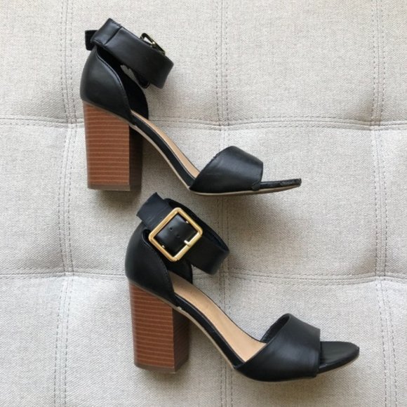 Merona | Shoes | Merona Block Heel Black Brown With Ankle Strap Sandals ...